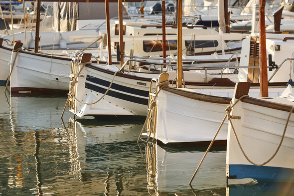 Traditional balearic boats, llauts. Soller harbor. Mallorca island ...