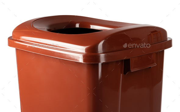 Brown plastic waste bin isolated on white Stock Photo by FabrikaPhoto