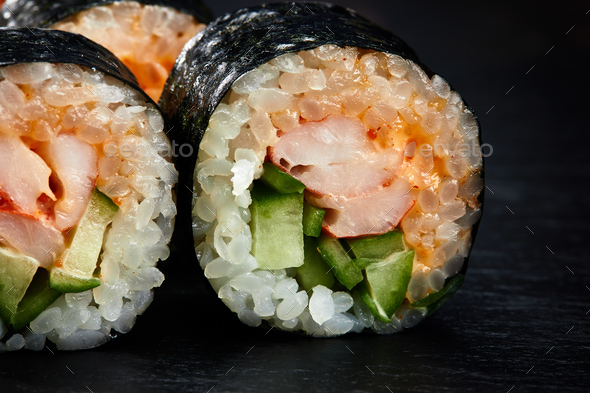 Sushi rolls, traditional Japanese food rice, nori and seafood, menu ...