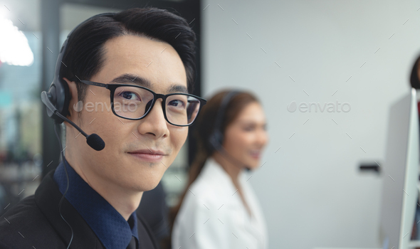 call center agent team, customer service support wearing headset or ...
