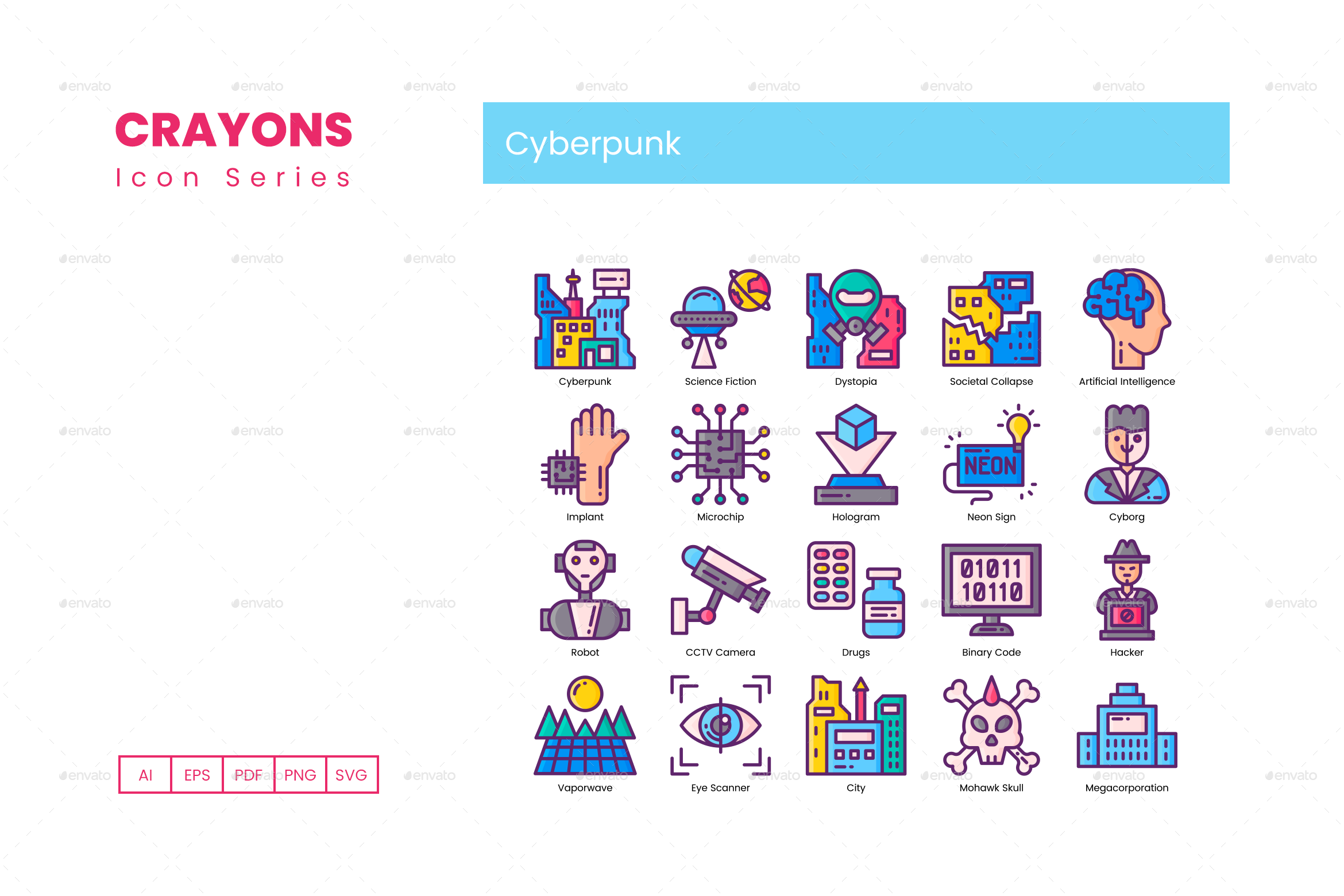 60 Cyberpunk Icons | Crayons Series, Icons | GraphicRiver