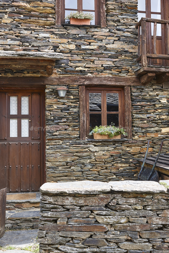 Slate stone antique village of Roblelacasa. Black architecture. Spain ...