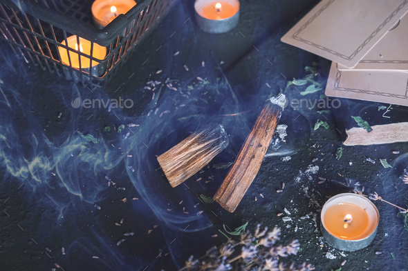 Esoteric, Occult mystical ritual scene of sorcery tarot candles, dried ...