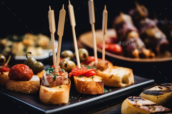 Appetizing spanish tapas with anchovies and shrimp close-up in the ...