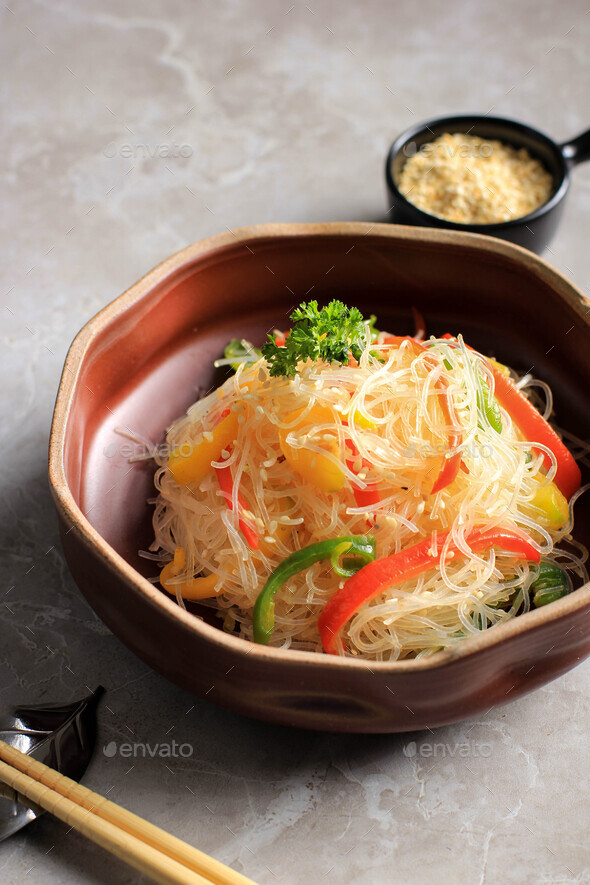 Stir Fry Glass Rice Noodles with Vegetables, Red, Yellow, and Green ...