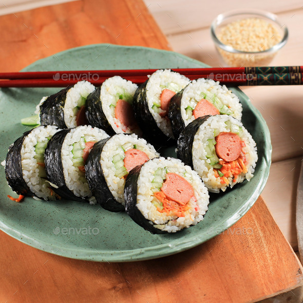 Korean Roll Gimbap (Kimbob or Kimbap) made from Steamed White Rice (Bap ...