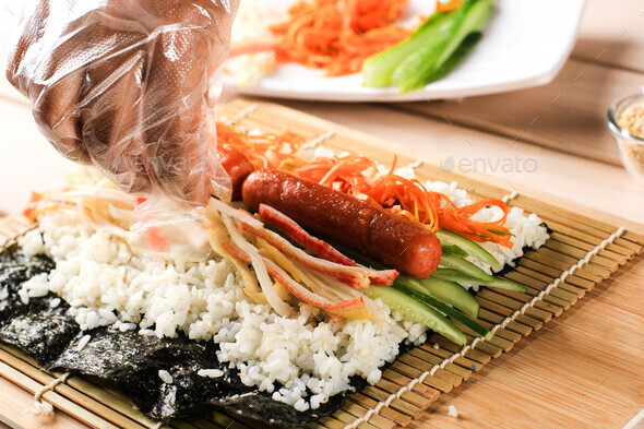 Korean Roll Gimbap (Kimbob or Kimbap) made from Steamed White Rice ...