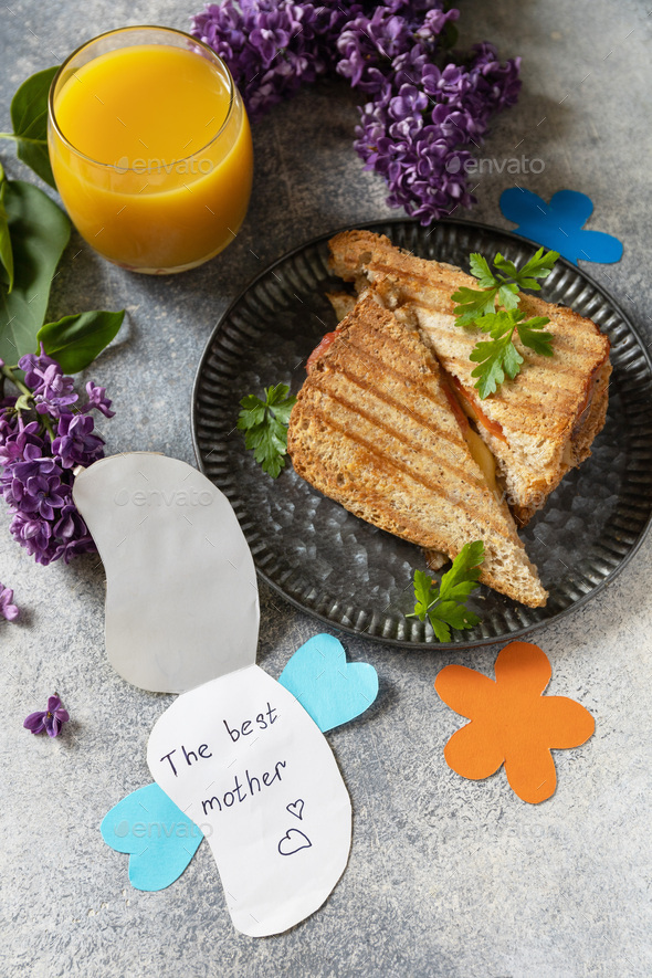 Breakfast and greeting card for her mommy on Mother's Day. Mother's Day ...