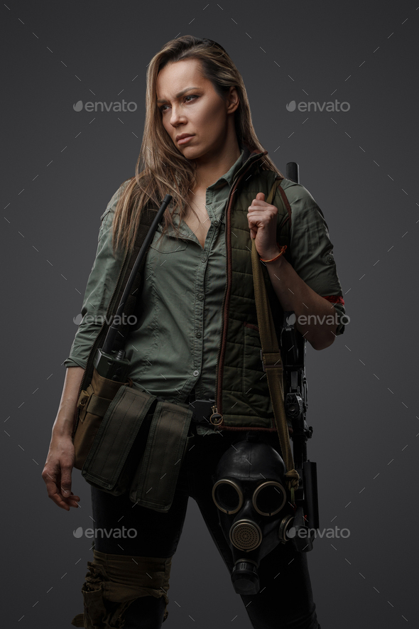 Brown haired female killer in post apocalyptic setting Stock Photo by ...