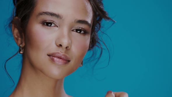 Pretty Sensual Woman Softly Touching Face and Smiling To Camera, Stock ...