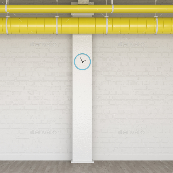 Loft with wall clock and yellow ventilation pipe, 3D Rendering Stock ...