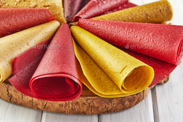 Sweet pure fruit pastille in rolls. Healthy sweets - lozenges, fruit ...