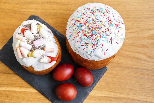 holiday food. Homemade Easter cake with icing,jelly candies,sweet ...