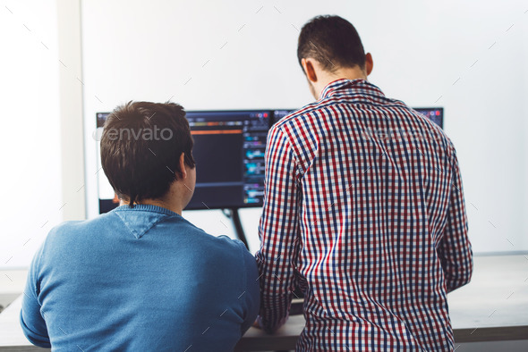 Back view of two young IT guys in front of computer screens, writing a ...