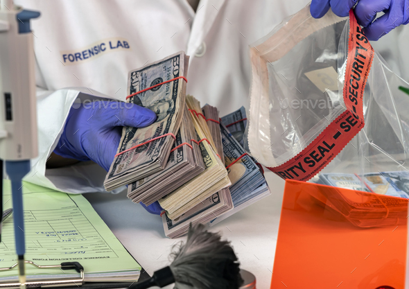 Police scientist takes out several bundles of dollar bills in crime lab ...