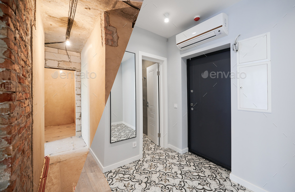 Photo collage of apartment before and after renovation. Stock Photo by ...