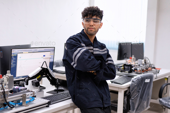 Engineer stand in robot fabrication room quality checking electronic ...