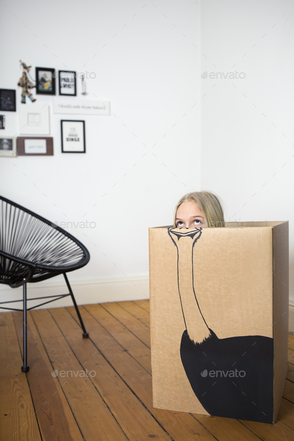 Girl inside a cardboard box painted with an ostrich Stock Photo by ...