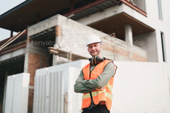 Foreman builder man at construction site. American foreman construction ...