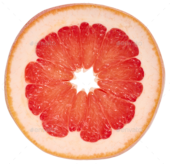 Round piece of grapefruit on a white isolated background, top view ...