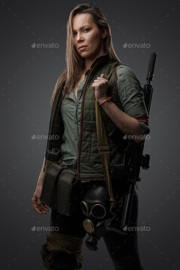 Brown haired female killer in post apocalyptic setting Stock Photo by ...