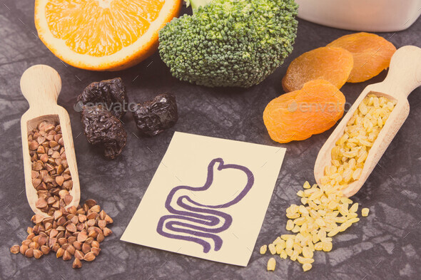 Beneficial eating for digestive system. Healthy ingredients as source ...