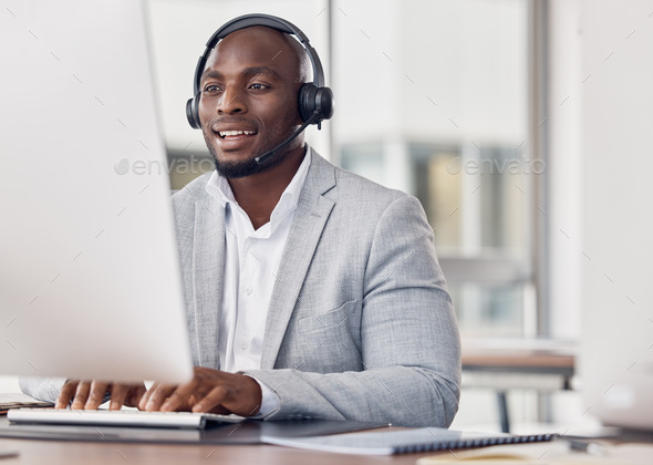 Call center, man and computer for typing with smile, reading and tech ...