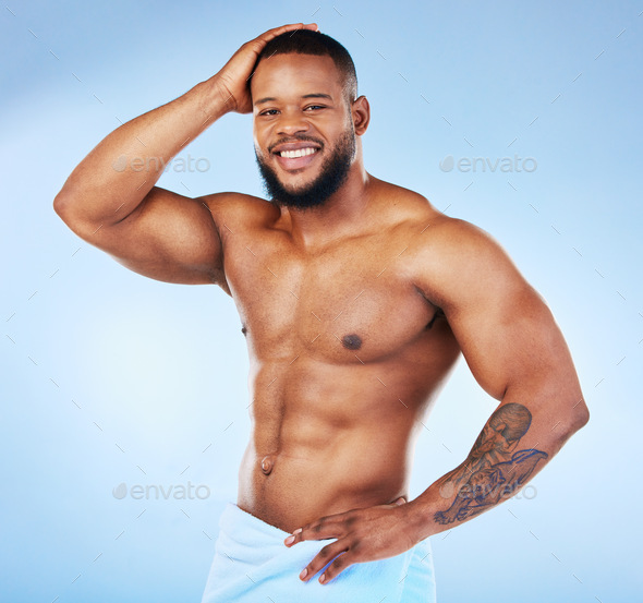 Towel, shower and fitness portrait of a black man with happiness from ...
