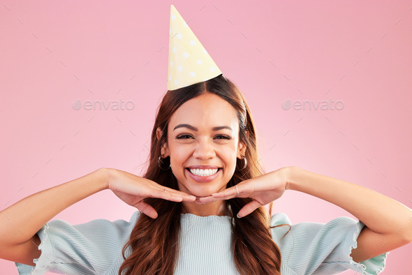 Birthday woman, face portrait and smile for happy celebration event ...