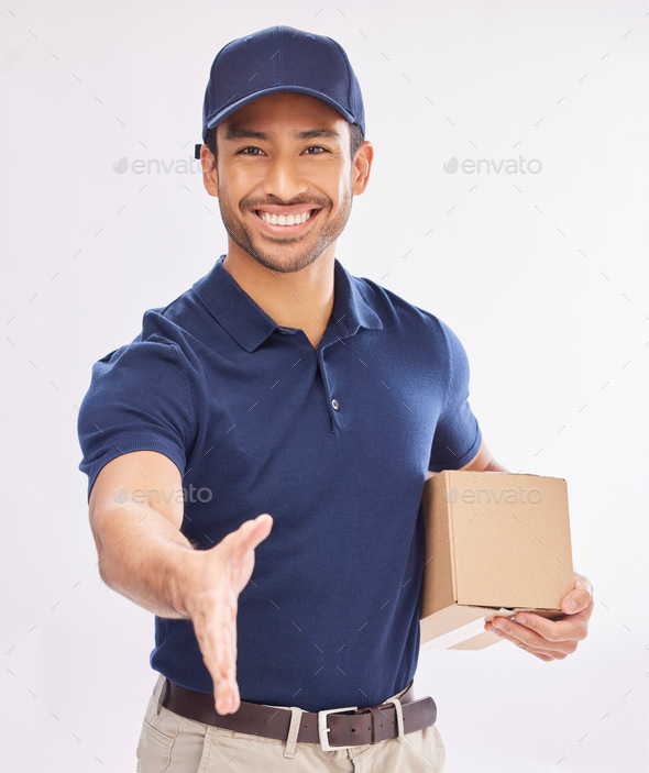 Box, portrait smile and delivery man with handshake in studio isolated ...