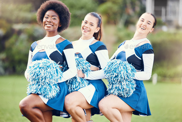 Cheerleader group portrait, field and women together for teamwork ...