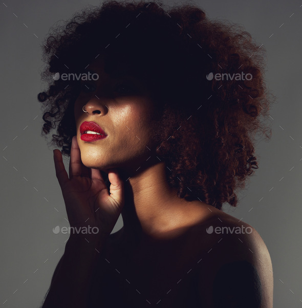 Makeup, red lipstick and shadow of black woman with beauty, afro or ...