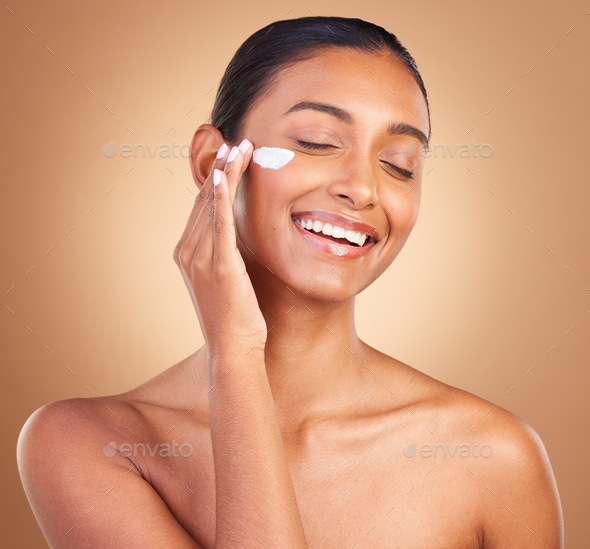 Skincare beauty, sunscreen and laugh of a happy woman with cosmetic and ...