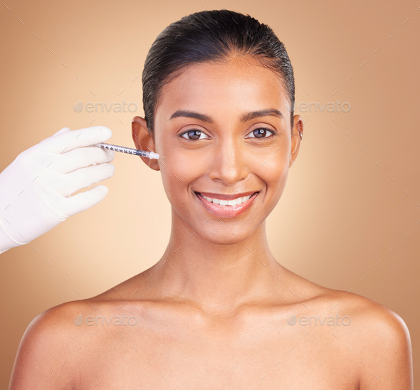 Woman, face injection and needle with rhinoplasty, dermatology and ...