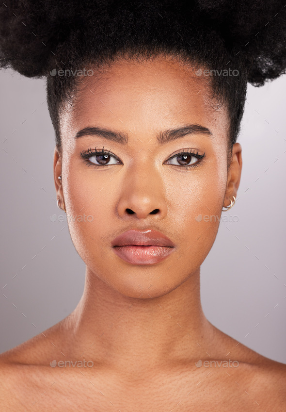 Skincare, beauty and zoom portrait black woman with confidence, white ...