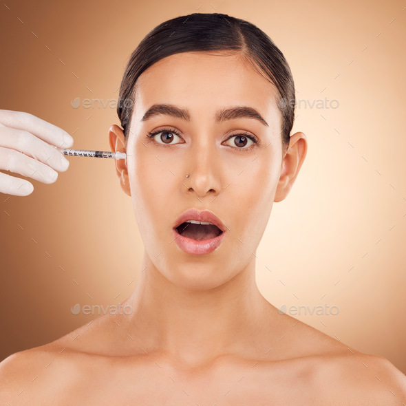 Plastic surgery surprise, hands or woman face with needle facial change ...