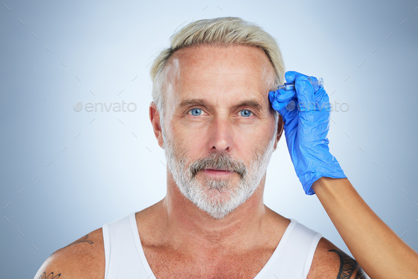 Botox, portrait and face of a senior man in a studio doing plastic ...