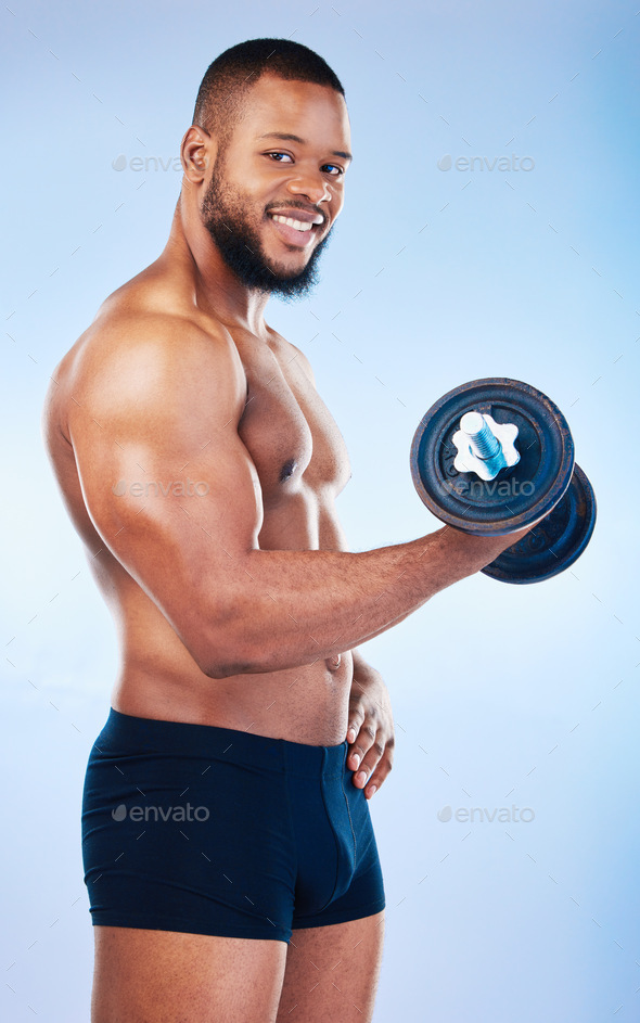 Black man, exercise and weightlifting, dumbbell and biceps muscle ...