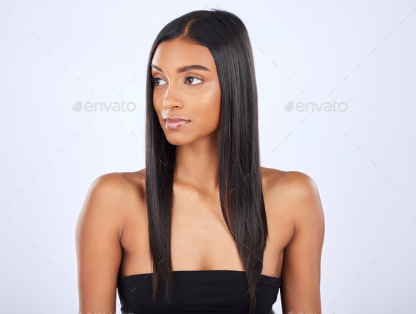 Mockup, hair care or Indian woman in studio for healthy natural shine ...