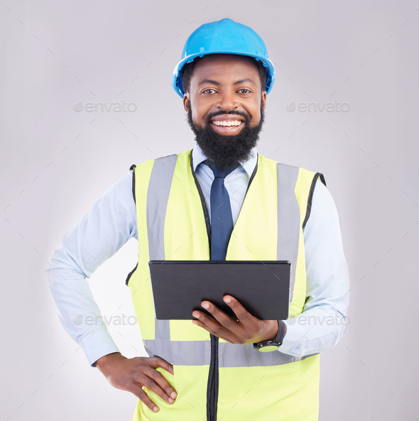 Engineering, black man and tablet in studio portrait with smile for ...
