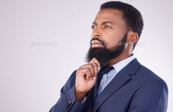 Business, black man and thinking in white background of ideas, question ...