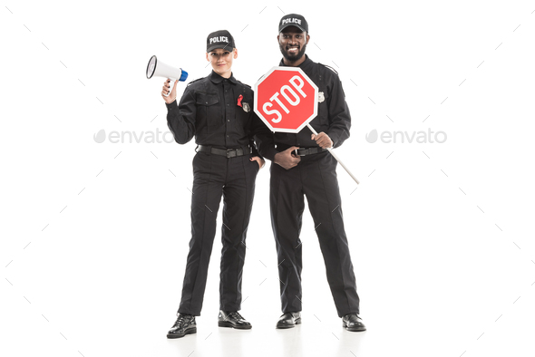 happy police officers with stop road sign and megaphone looking at ...