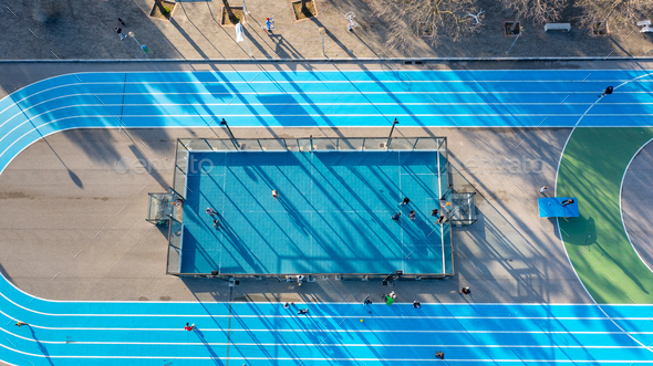 Training court with running track aerial view Stock Photo by andreonegin