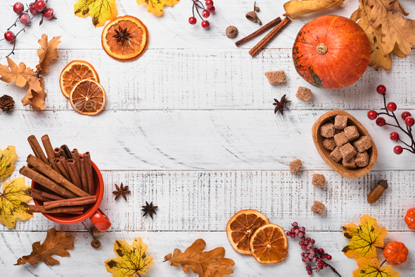 Pumpkin. Autumn food background with cinnamon, nuts and seasonal spices ...
