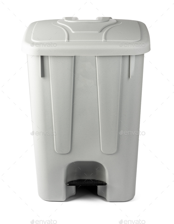 Gray plastic waste bin isolated on white Stock Photo by FabrikaPhoto