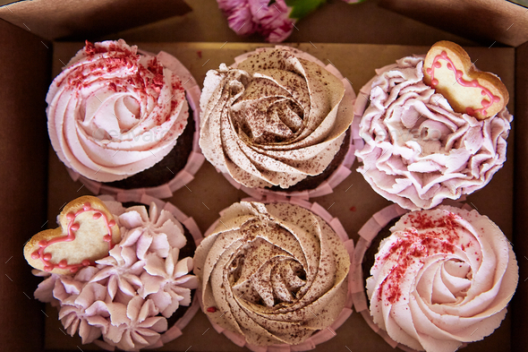 Floral aesthetic cupcakes. Dreamy french pastel desserts top view ...