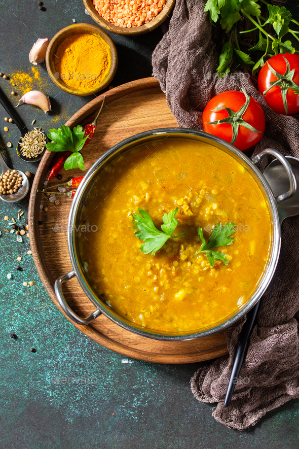 Traditional Indian spicy lentil puree soup with herbs. Stock Photo by ...