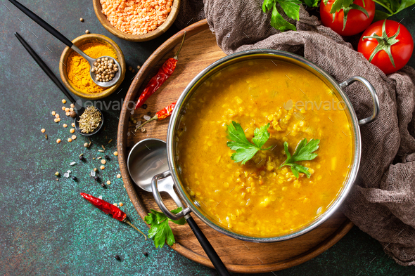Traditional Indian spicy lentil puree soup with herbs. Stock Photo by ...