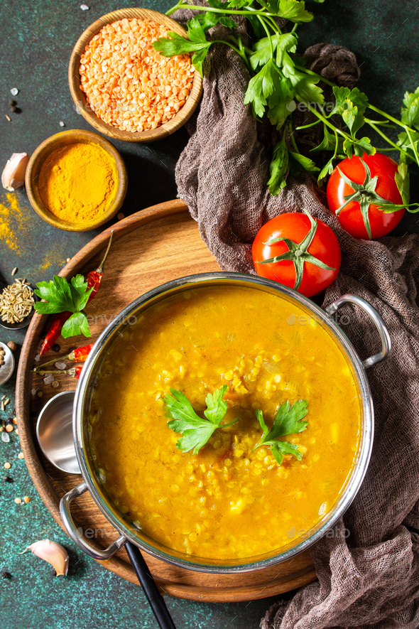 Traditional Indian spicy lentil puree soup with herbs. Stock Photo by ...
