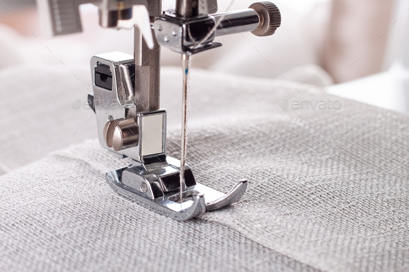 Modern Sewing Machine Presser Foot With Linen Fabric And Thread ...